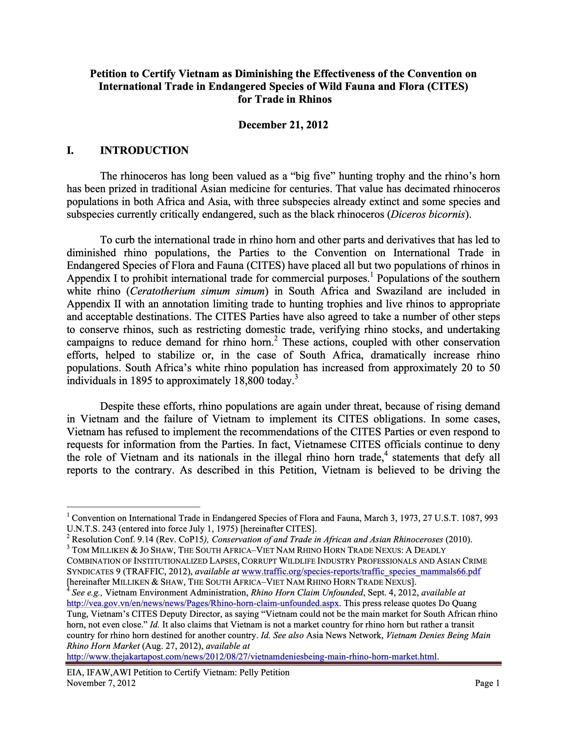 Petition to Certify Vietnam as Diminishing the Effectiveness of CITES — EIA