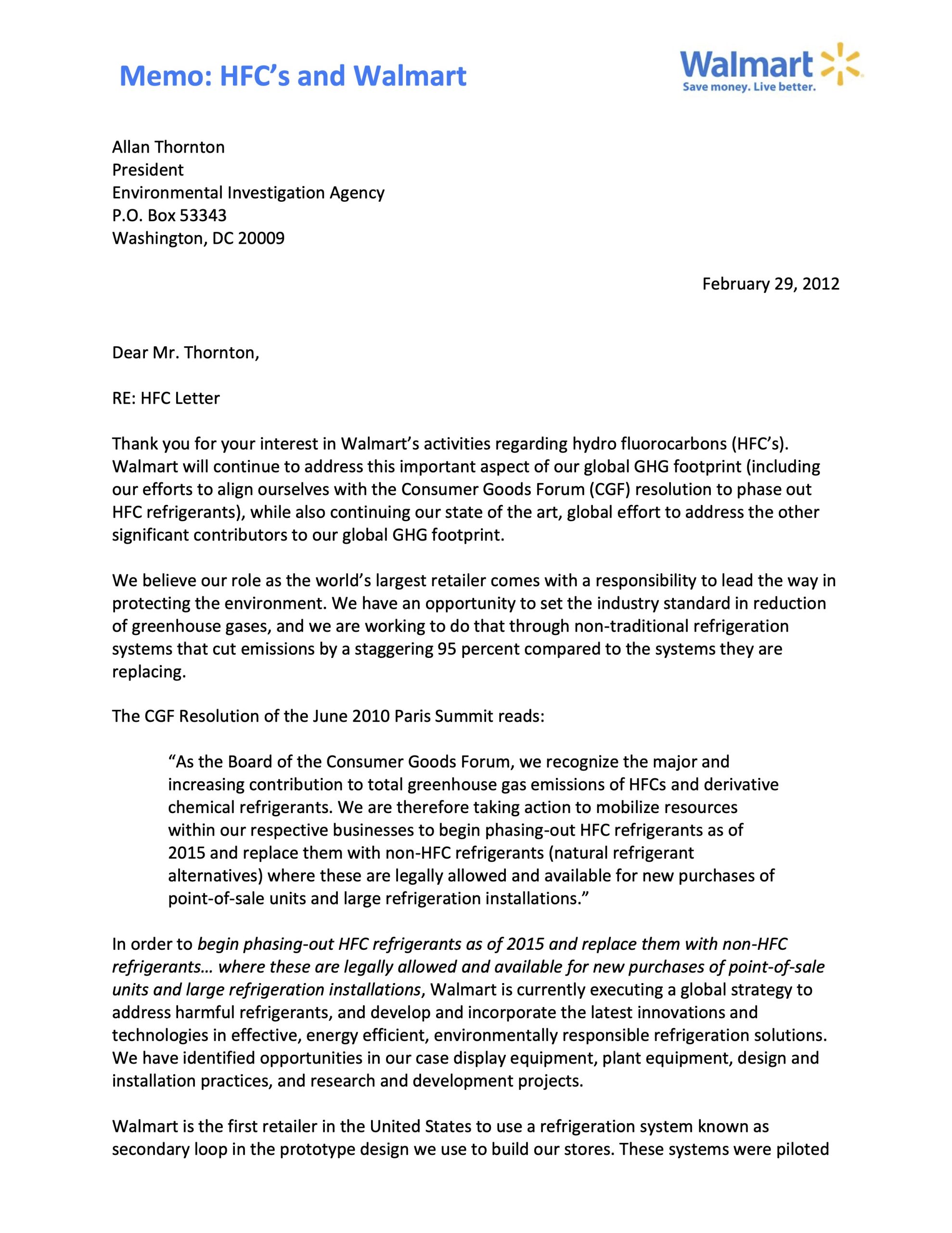 MEMO: Walmart and HFCs - Letter to EIA from Walmart — EIA