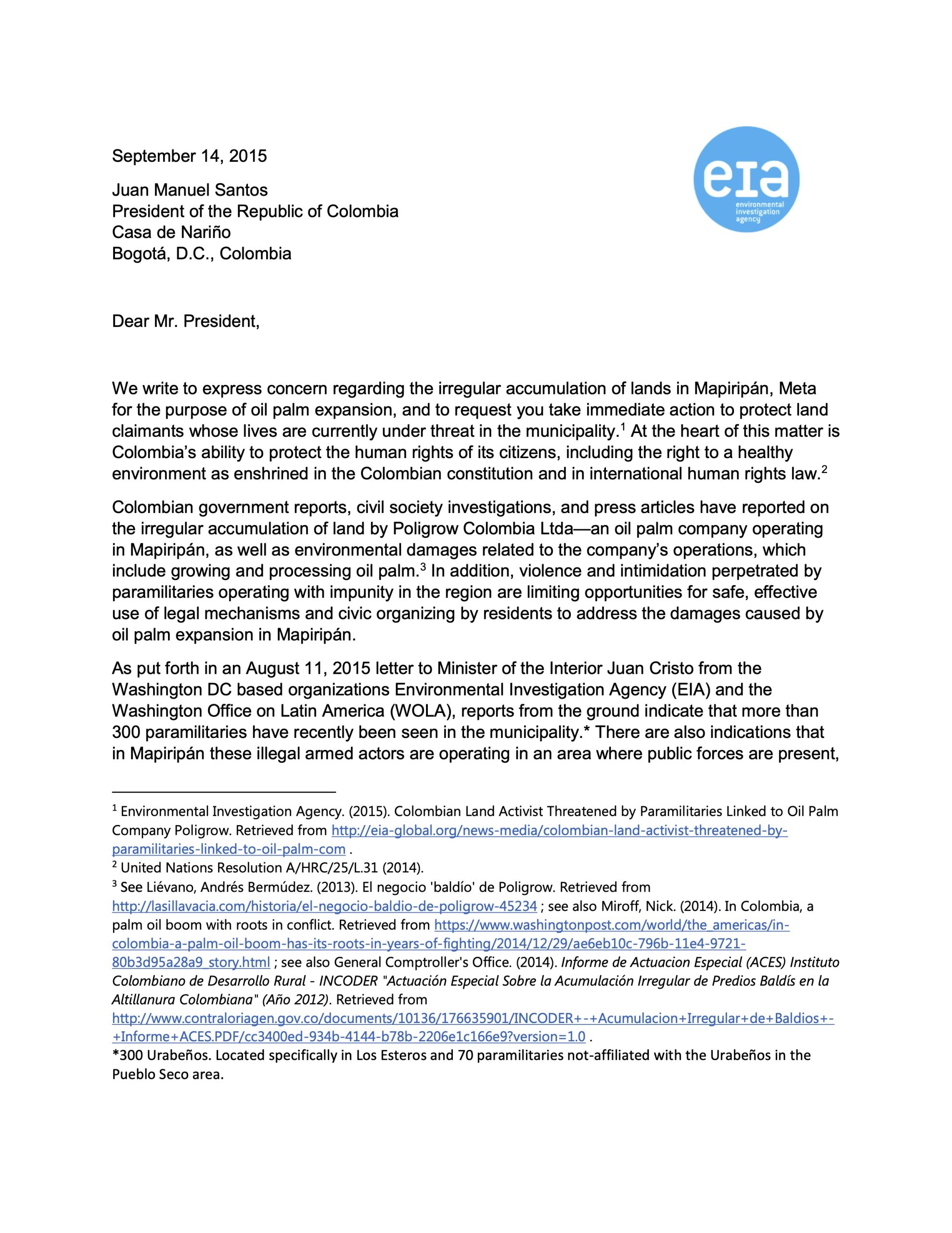 LETTER: Environmental and Human Rights Groups Submit Letter to Colombian President — EIA