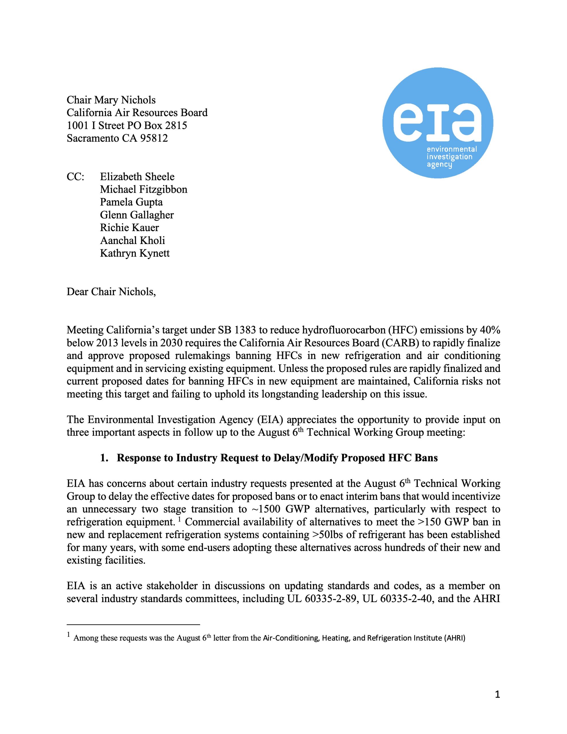 EIA Letter to California Air Resources Board on Proposed HFC ...