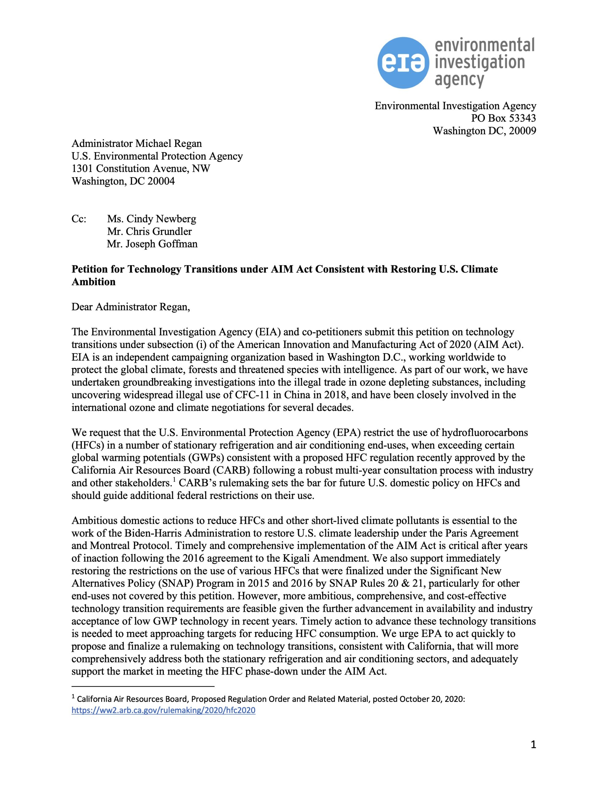 Template: Letter of Support for EIA AIM Act Petition — EIA